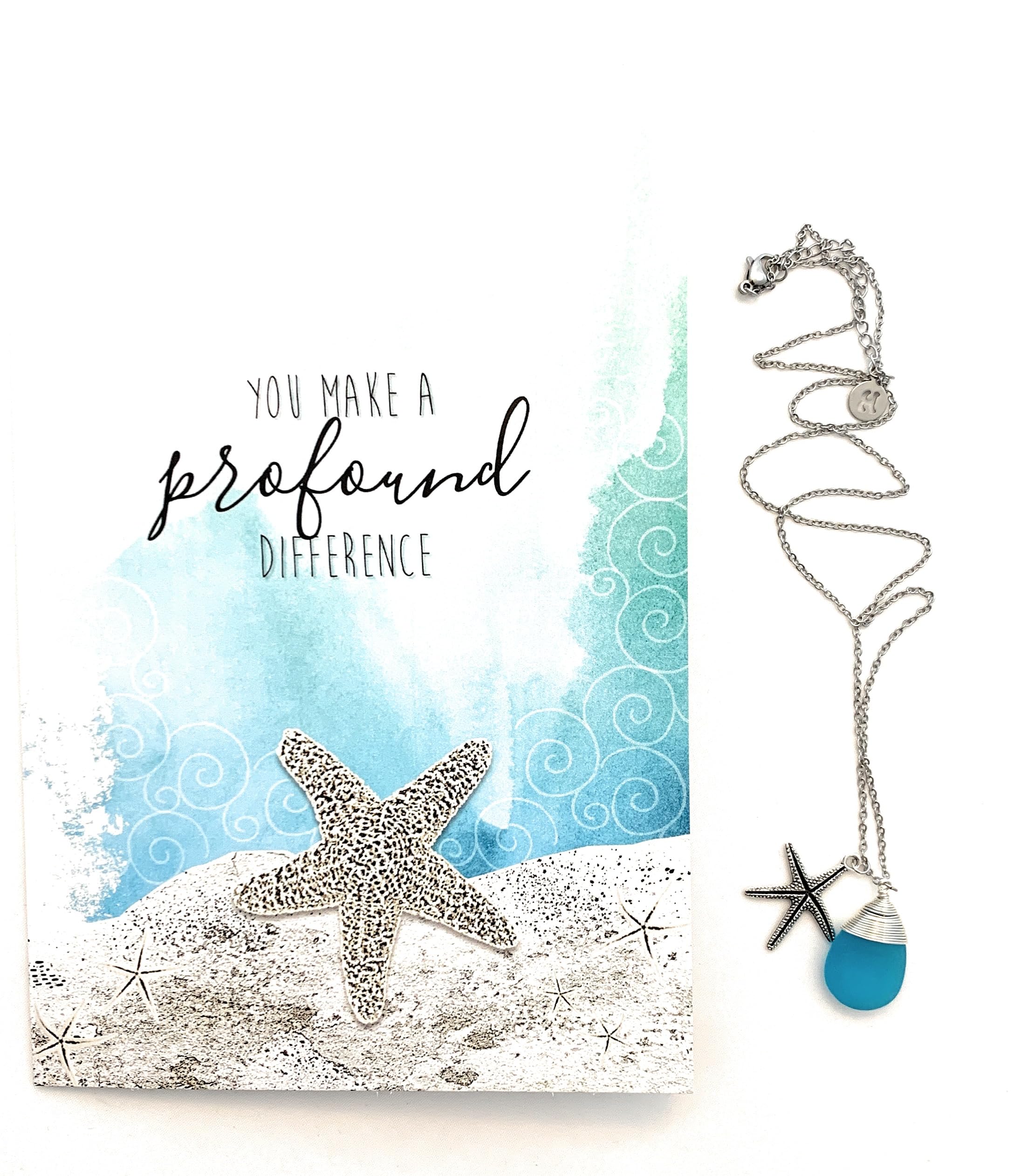 Smiling Wisdom - The Starfish Story - You Make a Profound Difference Greeting Card and Necklace Gift Set - Women (Handmade Coil, Sea Glass)