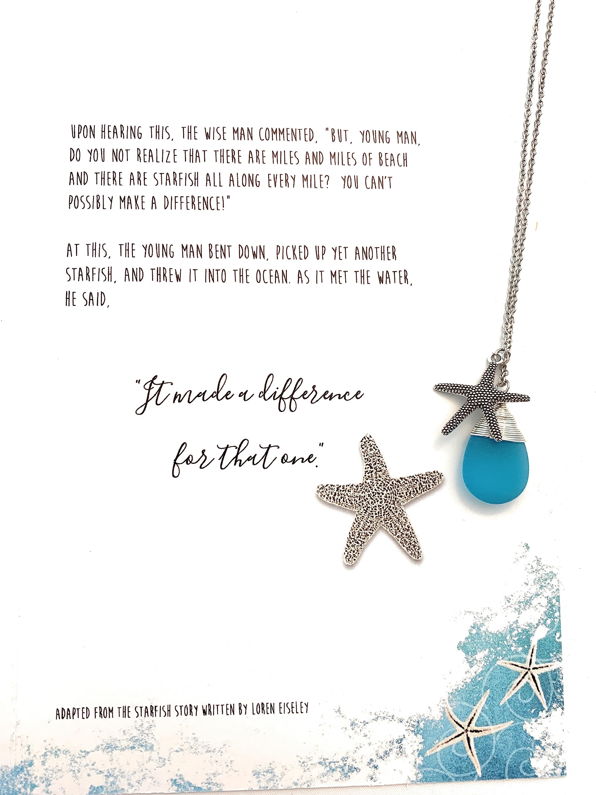 Smiling Wisdom - The Starfish Story - You Make a Profound Difference Greeting Card and Necklace Gift Set - Women (Handmade Coil, Sea Glass)