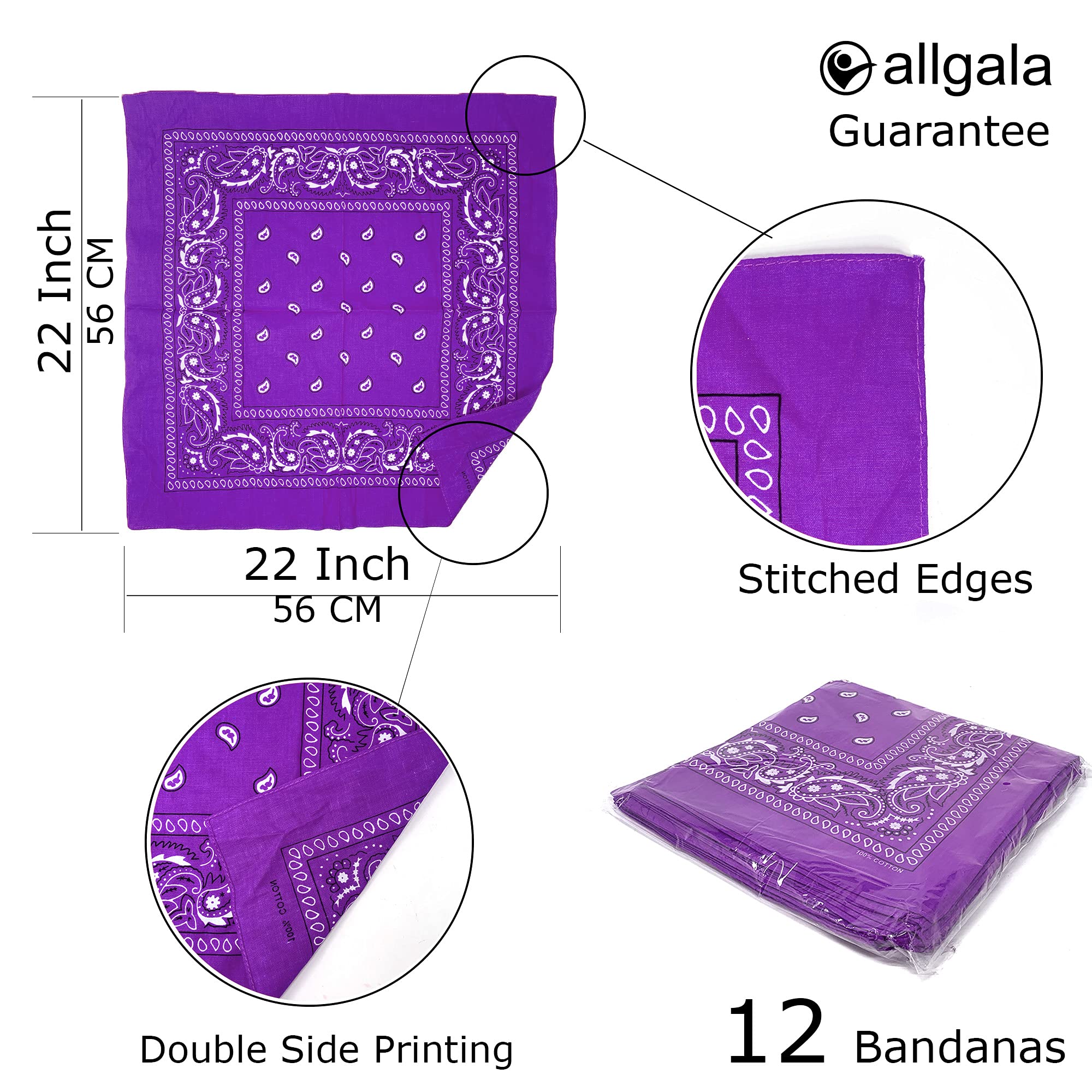 Allgala 12 Pack 100% Cotton Premium Bandanas Head Band Wrap Scarf-Purple-HA55908