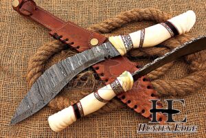 huntex unique custom handmade hand forged damascus steel 15 inch long full tang camel bone handle razor sharp hunting camping kukri knife with genuine leather sheath