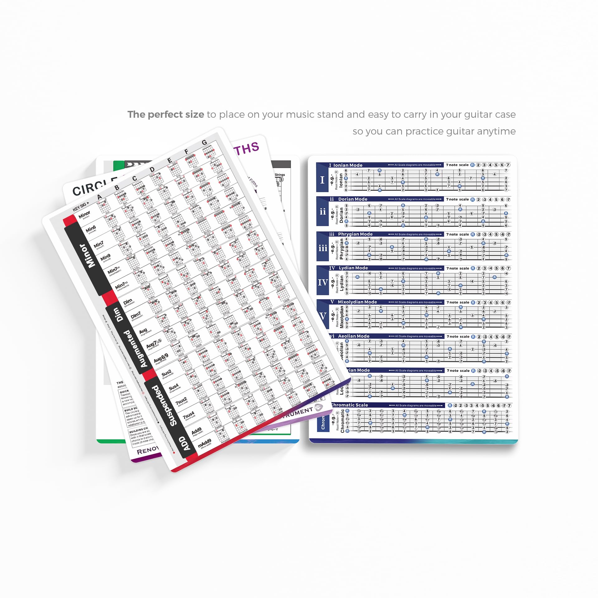 Guitar Chord Cheat Sheet Cards, Guitar Theory Chart of Chords Progression Scales Diagram Circle of Fifths Pattern Freboard Notes, 6 x 8 inches Mini Guitar Chords Chart Cheatsheets