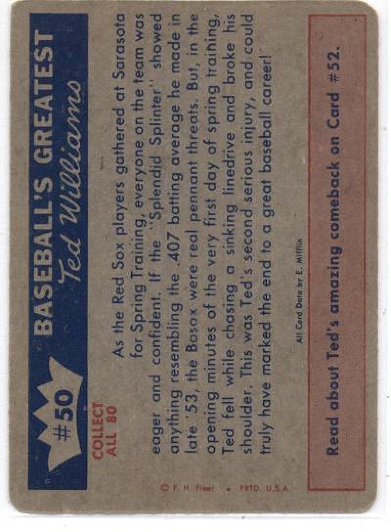 1959 Fleer Ted Williams #50 March 1954 Spring Injury Boston Red Sox MLB Baseball Card VG/EX Very Good/Excellent