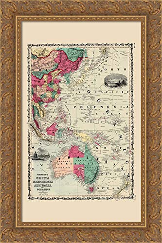 Johnson 26x40 Gold Ornate Framed Canvas Art Print Titled: East Indies China Australia Oceanica - Johnson Map