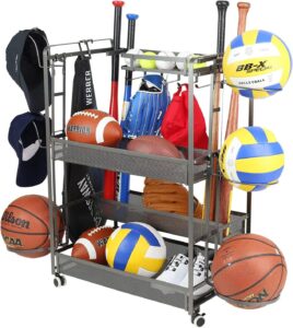 jubao garage ball storage rack rolling sports rack organizer with casters wheels,indoor sports gear storage with baskets and hooks,outdoor sports equipment organizer with cap holder, grey