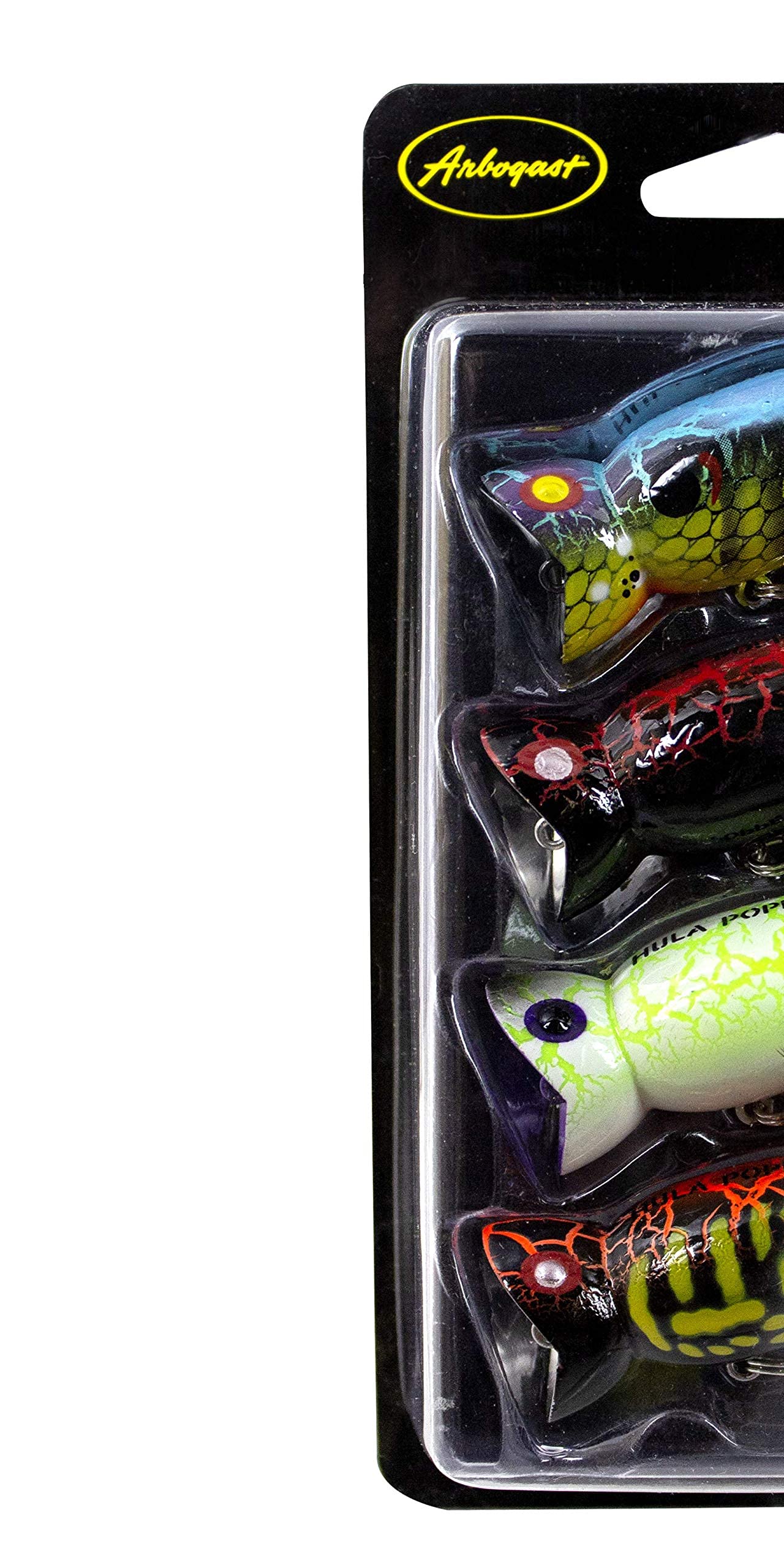 Arbogast Hula Popper 2.0 Topwater Fishing Lure with Feathered Treble Hook and Crackle Pattern Body, 2", 3/8 oz, Multi, 4-Pack