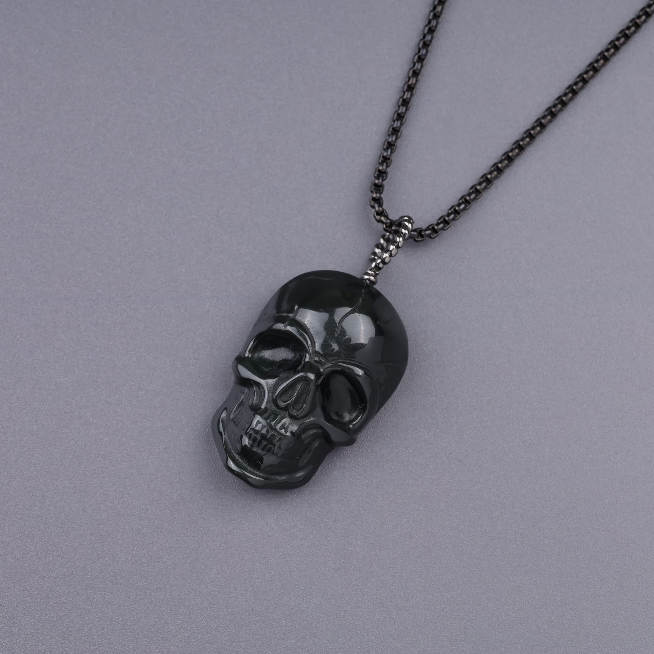 COAI Stainless Steel Chain Skull Black Obsidian Crystal Necklace 20"