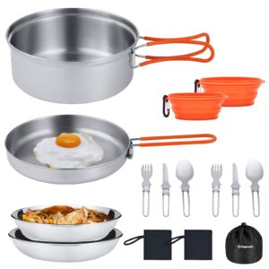 kingcamp 17/25pcs stainless steel camping cookware mess kit camping cooking set backpacking gear lightweight pots and pans set with folding knife fork for camping hiking picnic