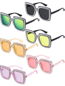 frienda 6 pieces oversize square sparkling sunglasses retro thick frame sunglasses (light purple, light gray, clear pink, clear tawny, light yellow, pink)