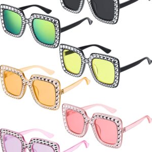 Frienda 6 Pieces Oversize Square Sparkling Sunglasses Retro Thick Frame Sunglasses (Light Purple, Light Gray, Clear Pink, Clear Tawny, Light Yellow, Pink)