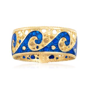 ross-simons italian 14kt yellow gold wave ring with blue enamel. size 5