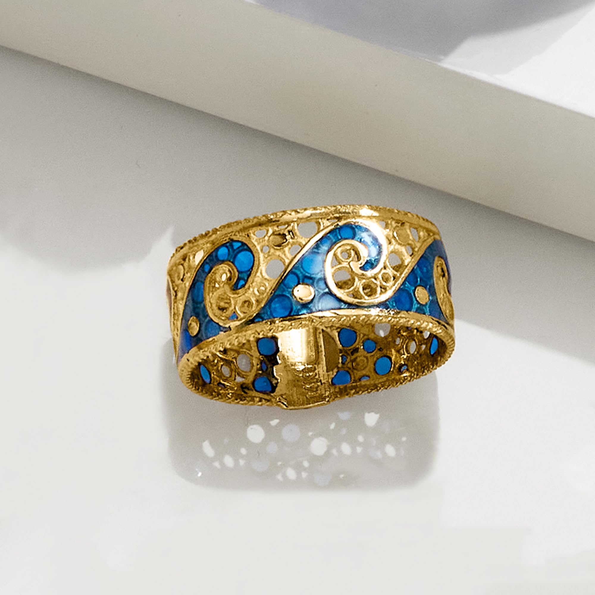 Ross-Simons Italian 14kt Yellow Gold Wave Ring With Blue Enamel. Size 5