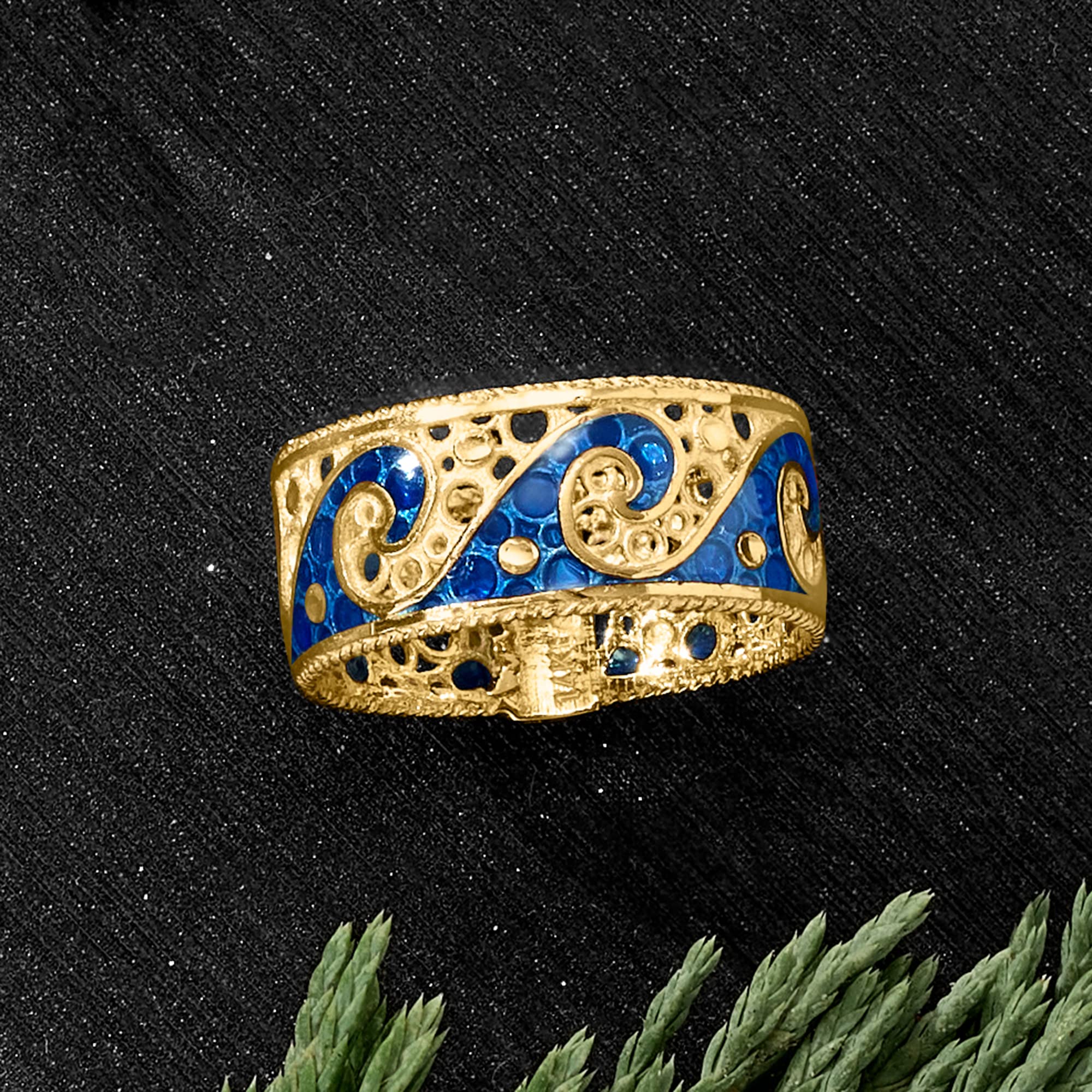 Ross-Simons Italian 14kt Yellow Gold Wave Ring With Blue Enamel. Size 5