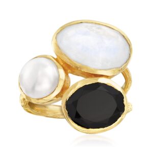 ross-simons 8mm cultured pearl, black onyx and moonstone ring in 18kt gold over sterling. size 6