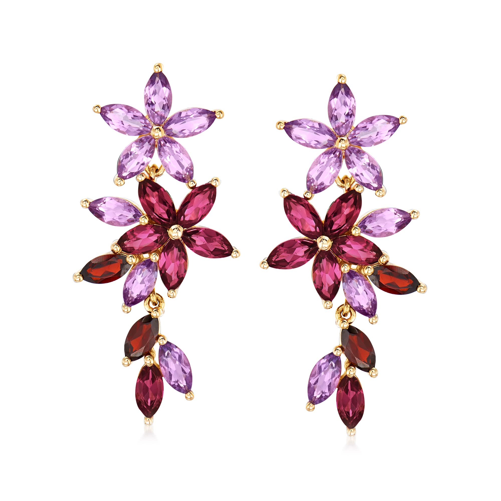 Ross-Simons 7.30 ct. t.w. Multi-Gemstone Floral Drop Earrings in 18kt Gold Over Sterling