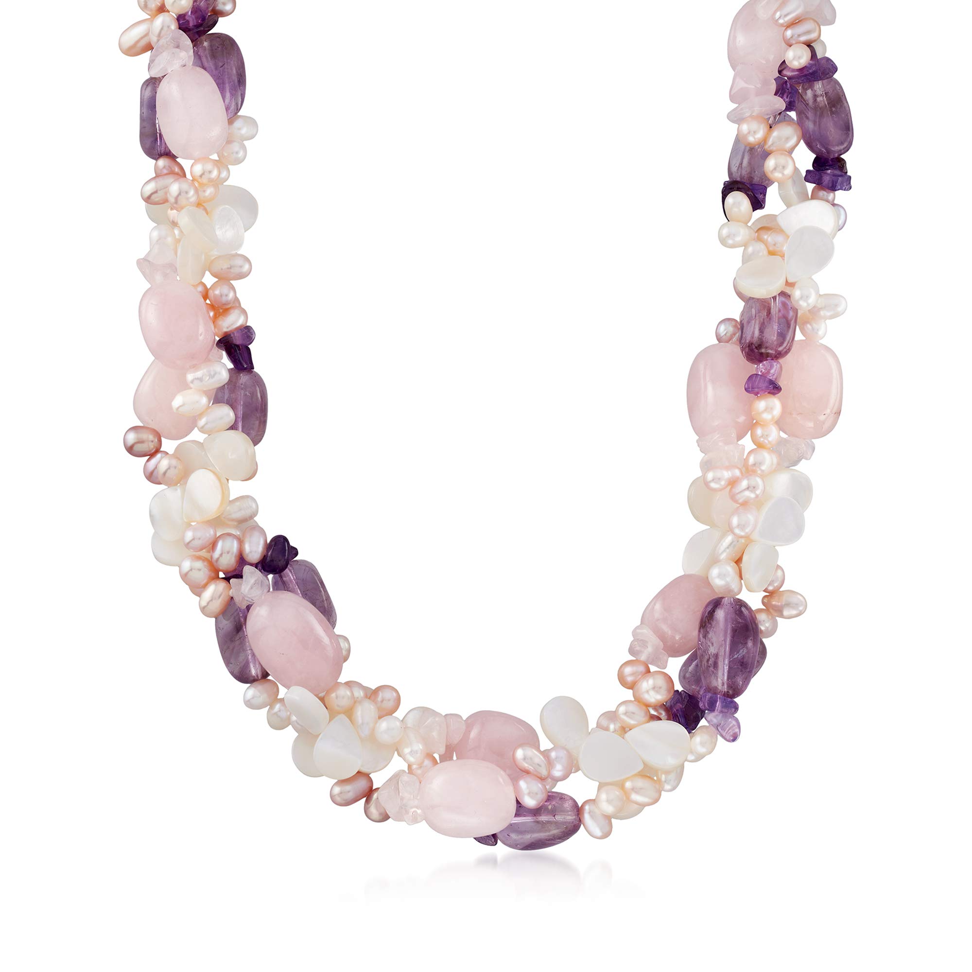 Ross-Simons 8mm Cultured Pearl and 330.00 ct. t.w. Rose Quartz Torsade Necklace With 145.00 ct. t.w. Amethysts in Sterling Silver. 18 inches