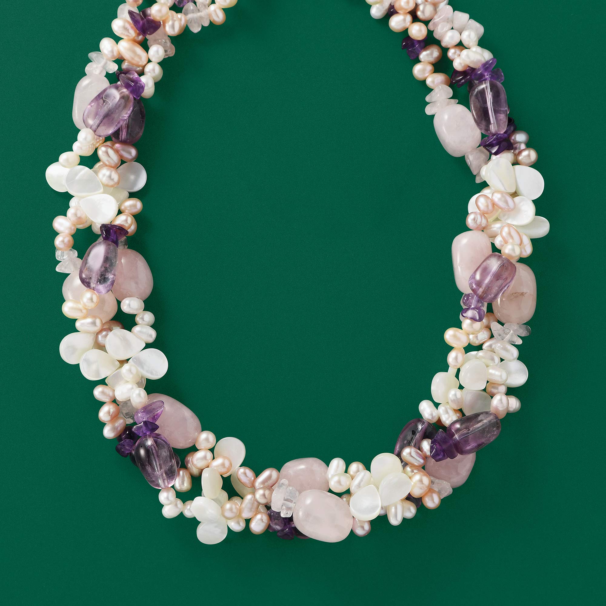 Ross-Simons 8mm Cultured Pearl and 330.00 ct. t.w. Rose Quartz Torsade Necklace With 145.00 ct. t.w. Amethysts in Sterling Silver. 18 inches