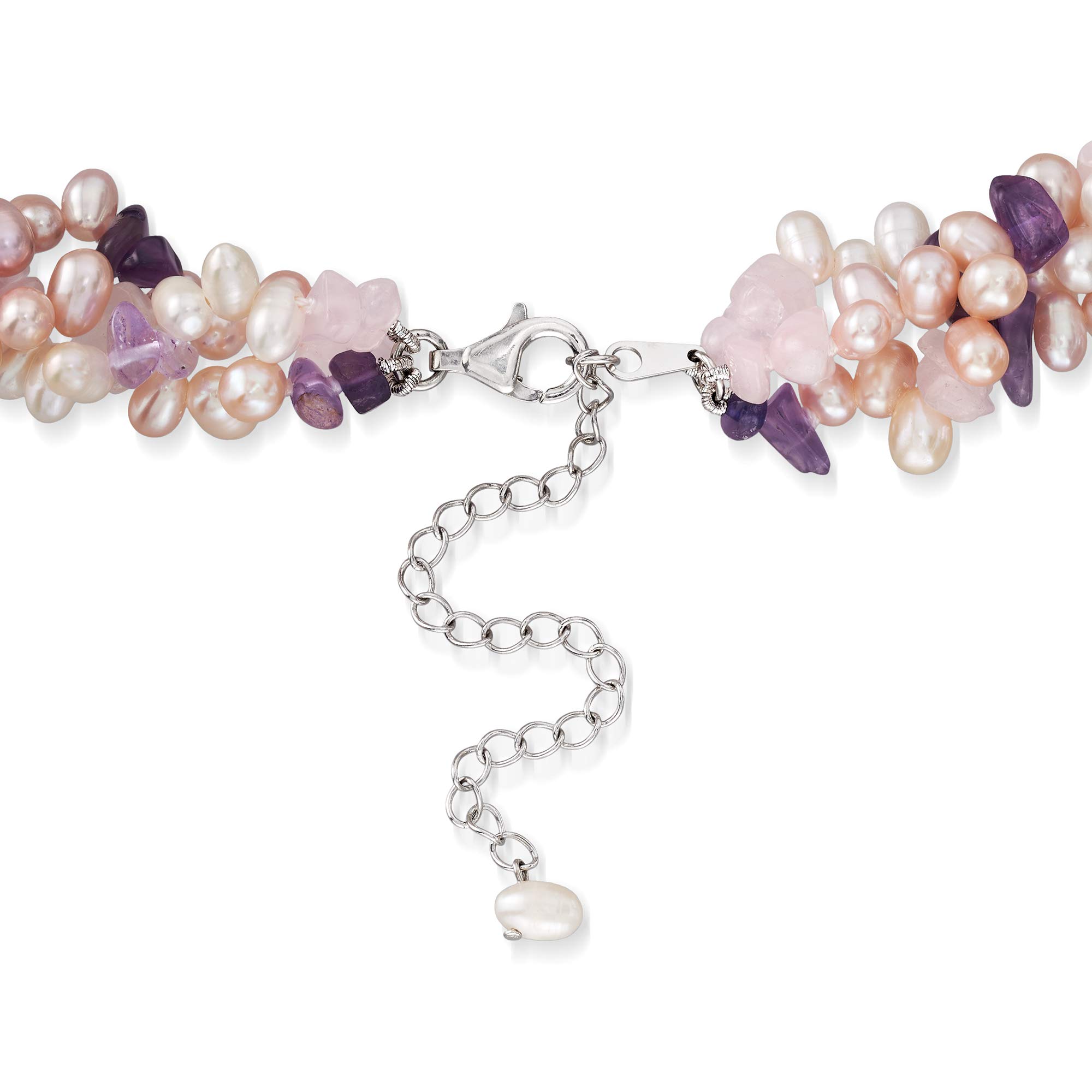 Ross-Simons 8mm Cultured Pearl and 330.00 ct. t.w. Rose Quartz Torsade Necklace With 145.00 ct. t.w. Amethysts in Sterling Silver. 18 inches