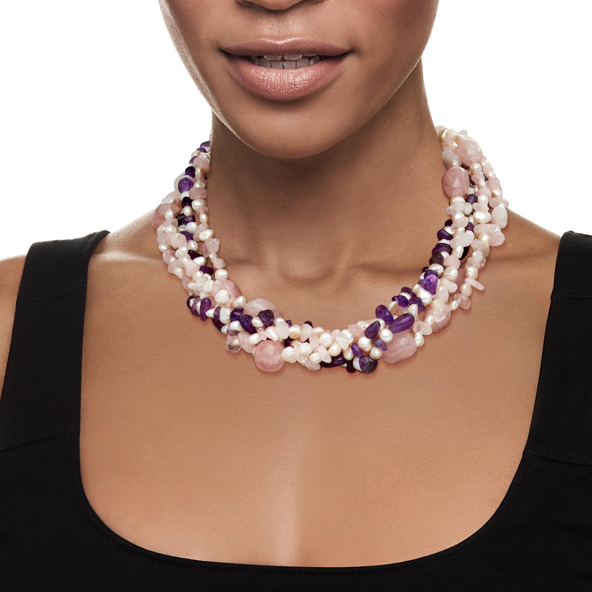 Ross-Simons 8mm Cultured Pearl and 330.00 ct. t.w. Rose Quartz Torsade Necklace With 145.00 ct. t.w. Amethysts in Sterling Silver. 18 inches