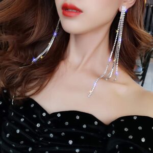 Missgrace Women Dangle Shiny Large Long Tassel Rhinestones Chain Earrings Trendy Unique Full Rhinestones Shiny Bar Disco Earrings Set Jewelry for Women (Style 4)