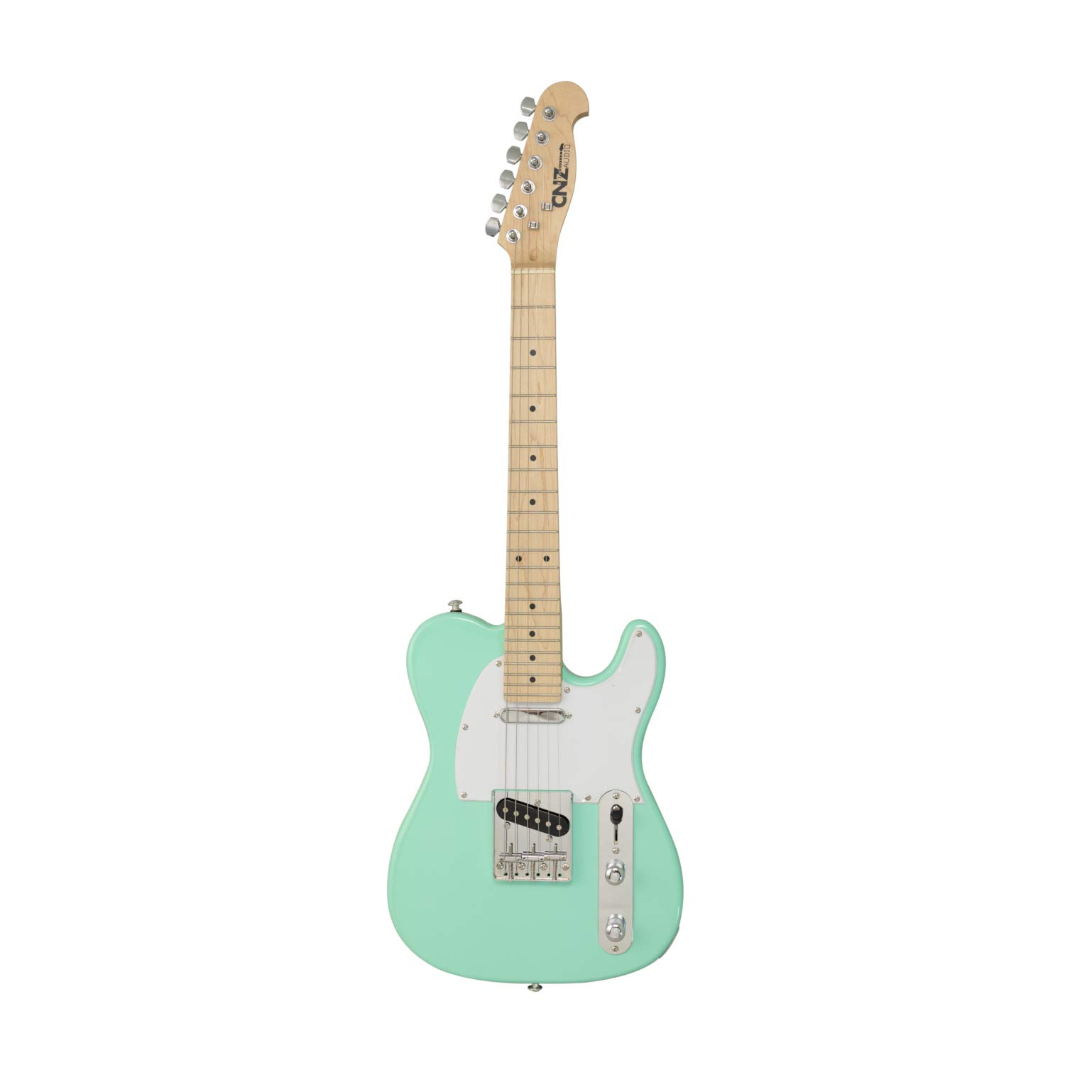 CNZ Audio TL Mini Electric Guitar - Surf Green Finish, White Pickguard, 3/4 Short Scale, 7/8 Size Guitar, 2 Single Coil Pickups, C Shaped Maple Neck, Natural Maple Fingerboard, Classic Look & Feel