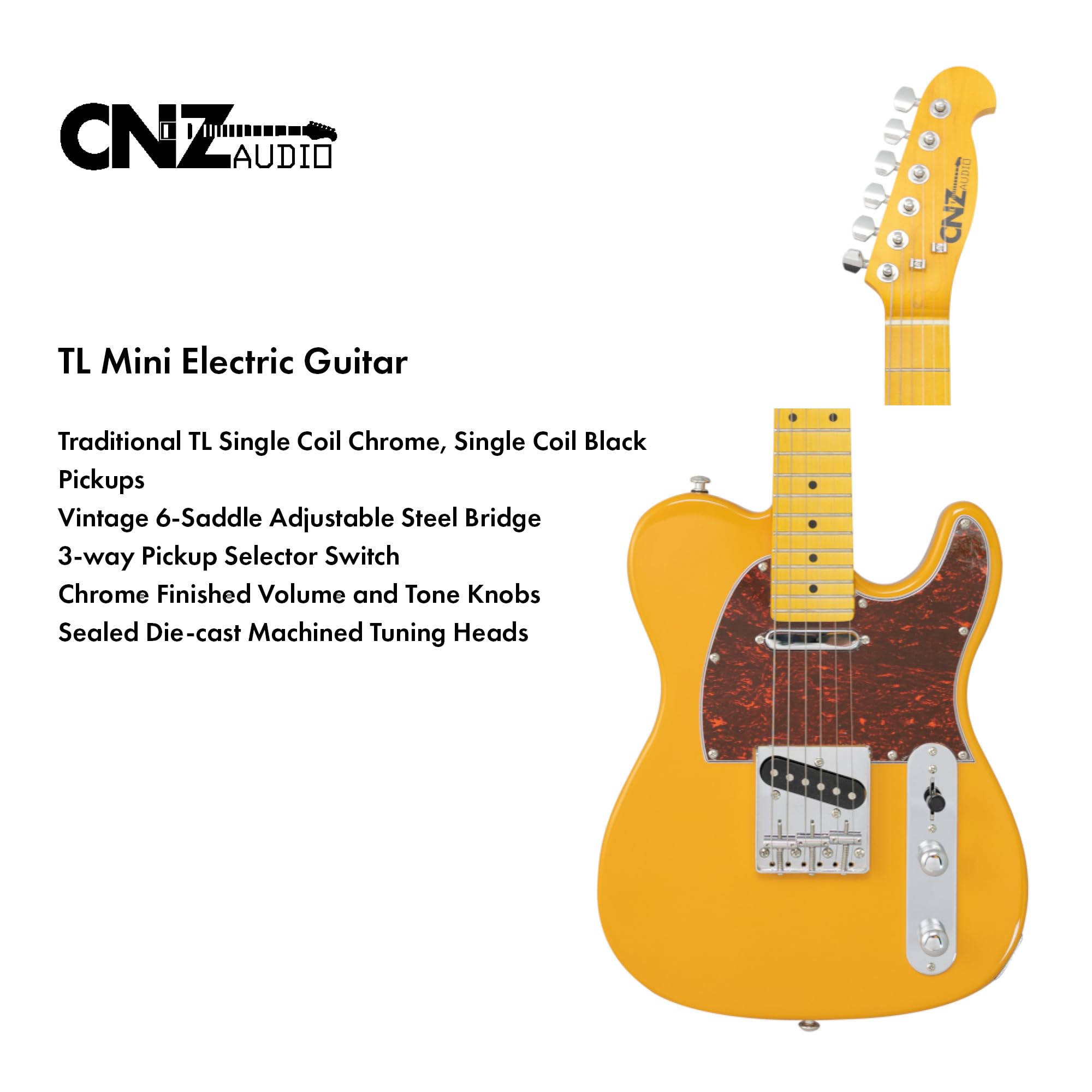 CNZ Audio TL Mini Electric Guitar - Surf Green Finish, White Pickguard, 3/4 Short Scale, 7/8 Size Guitar, 2 Single Coil Pickups, C Shaped Maple Neck, Natural Maple Fingerboard, Classic Look & Feel