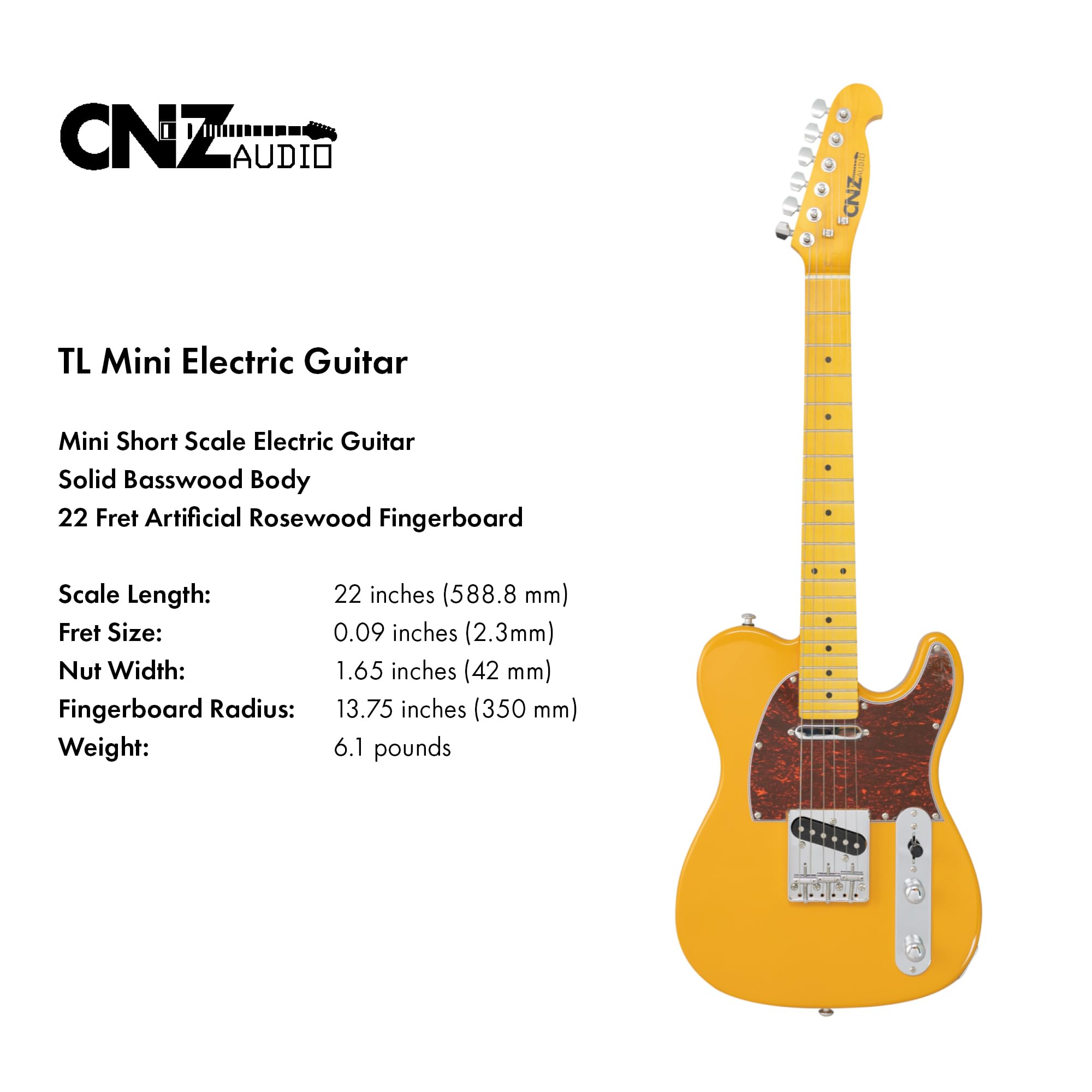 CNZ Audio TL Mini Electric Guitar - Surf Green Finish, White Pickguard, 3/4 Short Scale, 7/8 Size Guitar, 2 Single Coil Pickups, C Shaped Maple Neck, Natural Maple Fingerboard, Classic Look & Feel