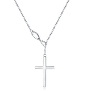 fancime white gold plated 925 sterling silver high polished infinity cross pendant lariat necklace y necklace gift for women, 18"