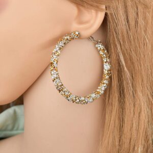 Aimimier Bridal Crystal Hoop Earrings Sparkling Rhinestone Large Round Loop Earrings Crystal Paved Wedding Prom Party Festival Jewelry for Women(Black)