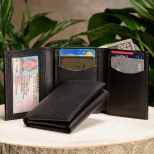 Premium Full Grain Bridle Leather Men’s Trifold Wallet With ID Window – Black - Made in USA