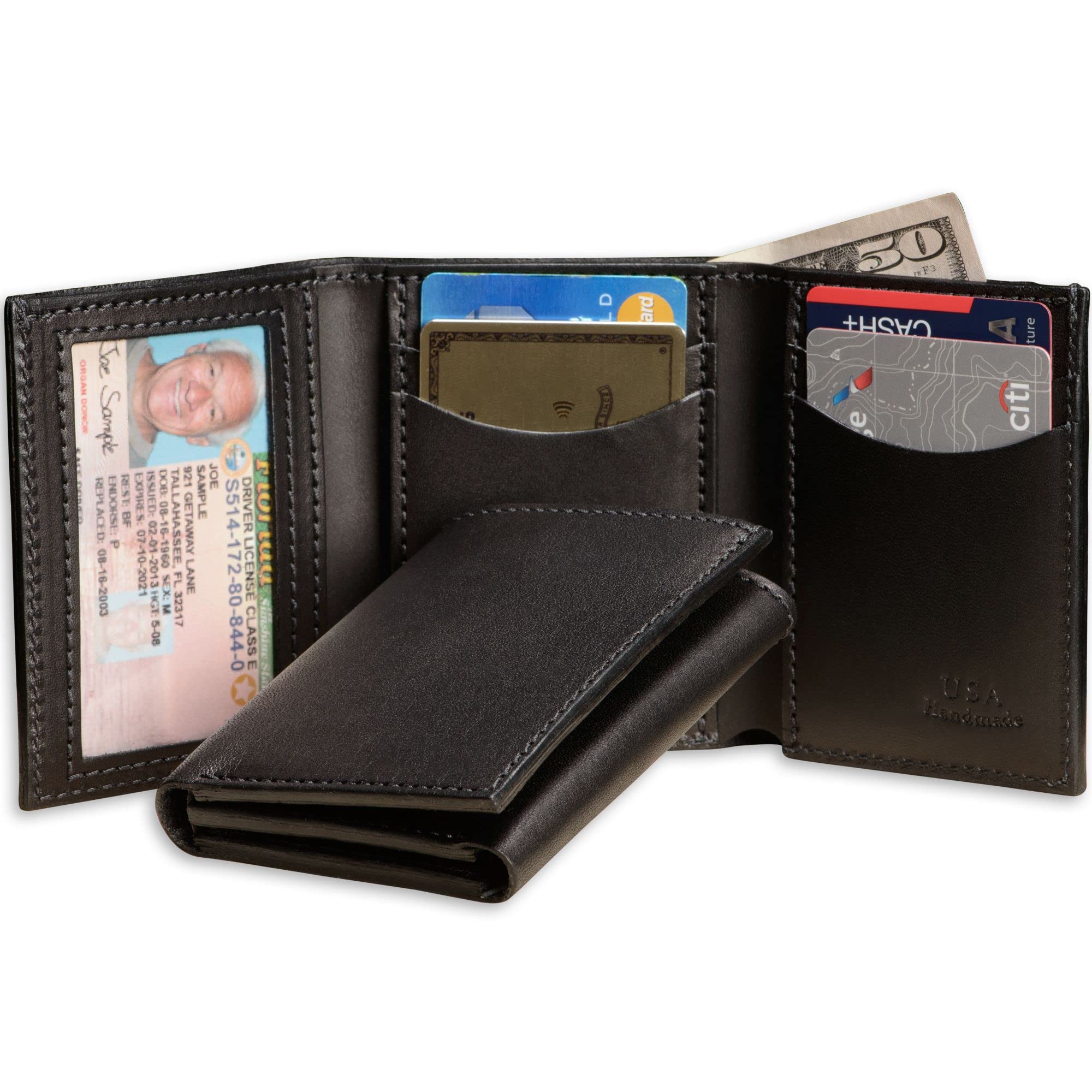 Premium Full Grain Bridle Leather Men’s Trifold Wallet With ID Window – Black - Made in USA