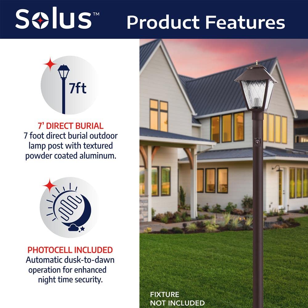 Solus SP7-320NCA-BZ 7' Outdoor Direct Burial Lamp Post with Dusk to Dawn Photo Sensor, Fits 3" Post Top Fixtures, Includes Inlet Hole, Easy to Install, Corrosion & Weather Resistant, Bronze