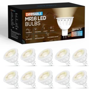 torkase dimmable mr16 led bulbs(ul listed),2700k soft white,5w-50w equivalent,gu5.3 bi-pin base,12v low voltage,40-d narrow beam angle,indoor/outdoor landscape warm led spot lighting bulbs,10-pack