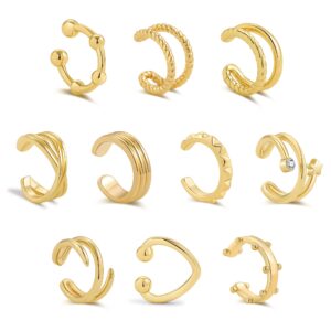 sloong 10pcs sparkling ear cuff pack gold dainty helix earrings huggie stud cuff earrings for women earring set | clip on cartilage non pierced