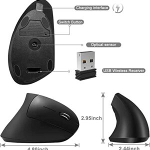 Vassink Ergonomic Mouse, Rechargeable Wireless Mouse, 2.4GHz Rechargeable Wireless Vertical Optical Mice with USB Receiver, 6 Buttons for Laptop, PC, Computer Black