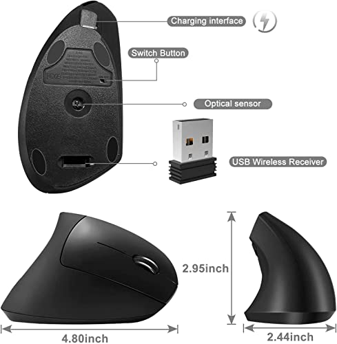 Vassink Ergonomic Mouse, Rechargeable Wireless Mouse, 2.4GHz Rechargeable Wireless Vertical Optical Mice with USB Receiver, 6 Buttons for Laptop, PC, Computer Black