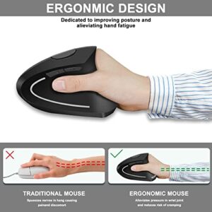 Vassink Ergonomic Mouse, Rechargeable Wireless Mouse, 2.4GHz Rechargeable Wireless Vertical Optical Mice with USB Receiver, 6 Buttons for Laptop, PC, Computer Black