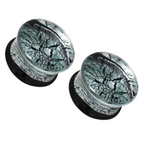 pierced owl glass silver and black cracked web design double flared ear plug gauges, sold as pair (19mm (3/4"))