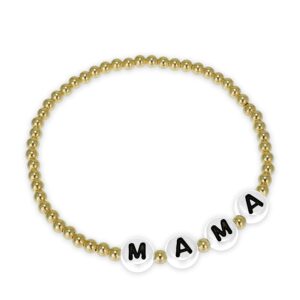 anela mama white beaded bracelet, 14kt gold filled beaded, stretch and stackable, hand made in usa