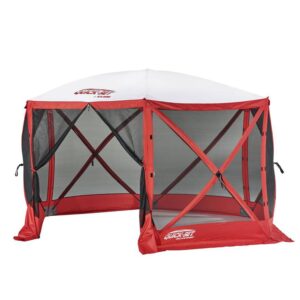 clam quick-set escape sport 11.5 x 11.5 foot portable pop up outdoor tailgating screen tent 6 sided canopy shelter w/stakes & carry bag, red/white