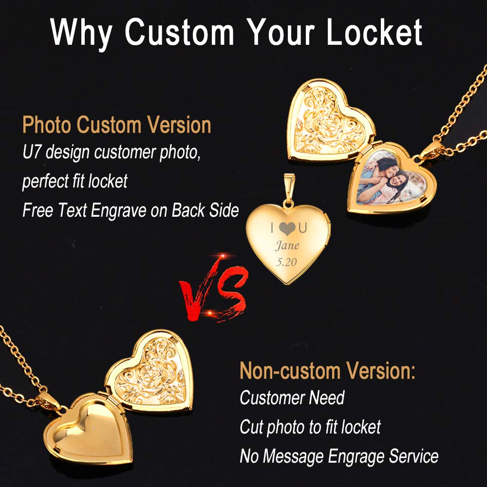 U7 Stainless Steel Locket Necklace that Hold Picture Women Mens Personalized Gift Heart Pendant Photo Image Necklaces, Mothers Day/Lover/Friends/Couple Jewelry