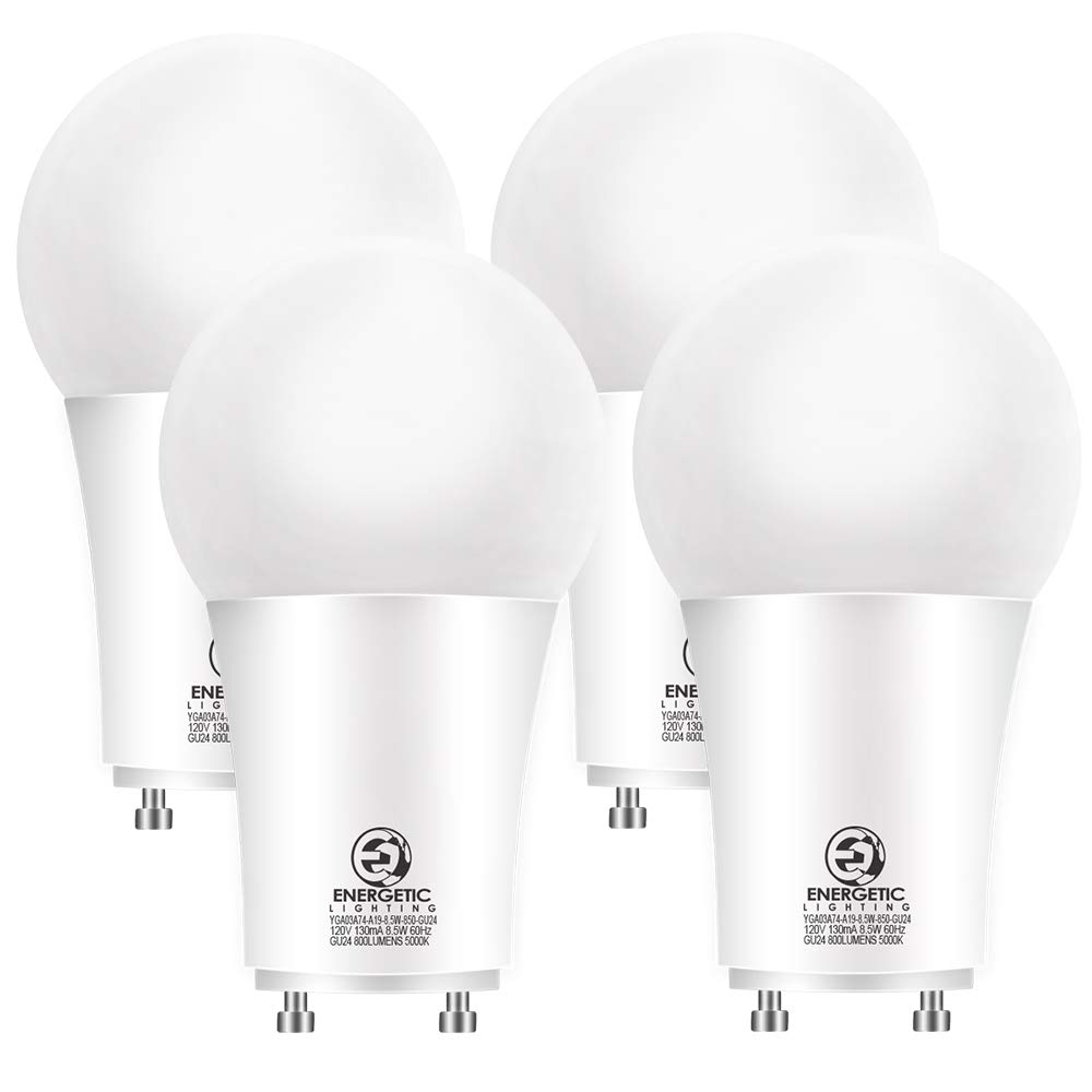 Energetic LED GU24 Base, A19 Shape, 60 Watt Equivalent (8.5W), 5000K Daylight, 800 Lumens, Non-Dimmable, 2 Pin LED Light Bulb, UL Listed, 4 Pack