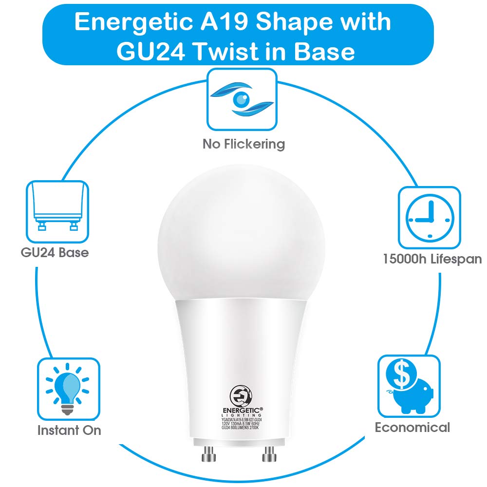 Energetic LED GU24 Base, A19 Shape, 60 Watt Equivalent (8.5W), 5000K Daylight, 800 Lumens, Non-Dimmable, 2 Pin LED Light Bulb, UL Listed, 4 Pack