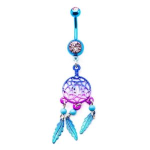 pierced owl 14g stainless steel cz crystal blue and purple ombre dream catcher dangling belly button ring