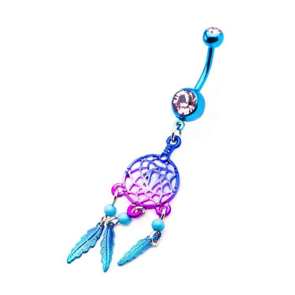 Pierced Owl 14G Stainless Steel CZ Crystal Blue and Purple Ombre Dream Catcher Dangling Belly Button Ring