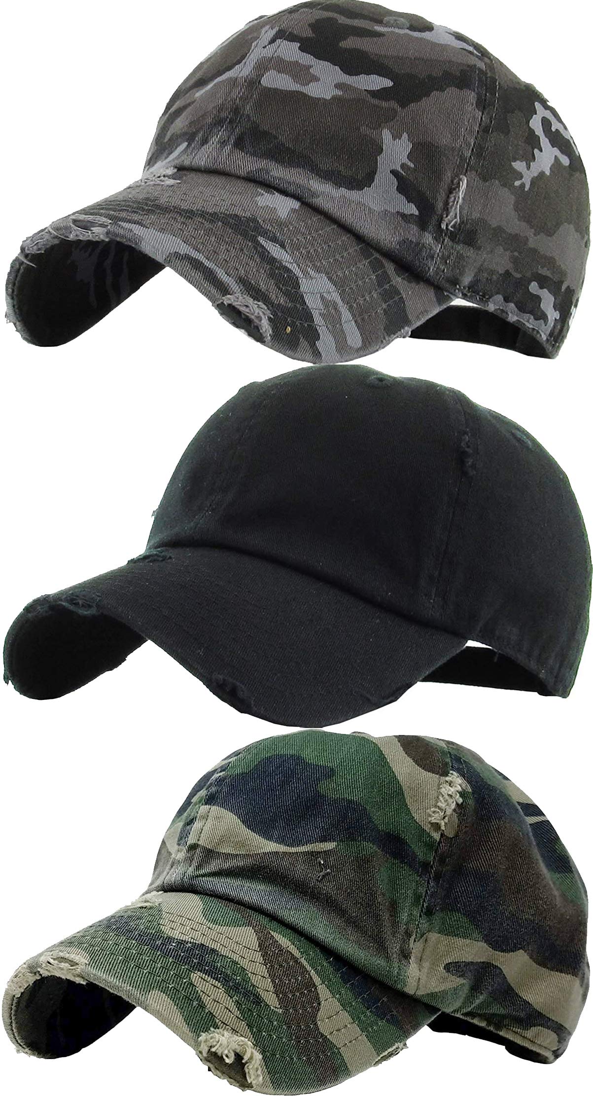 Solid Cap 3 Pack - Black, Black Camo, Camo (Distressed)