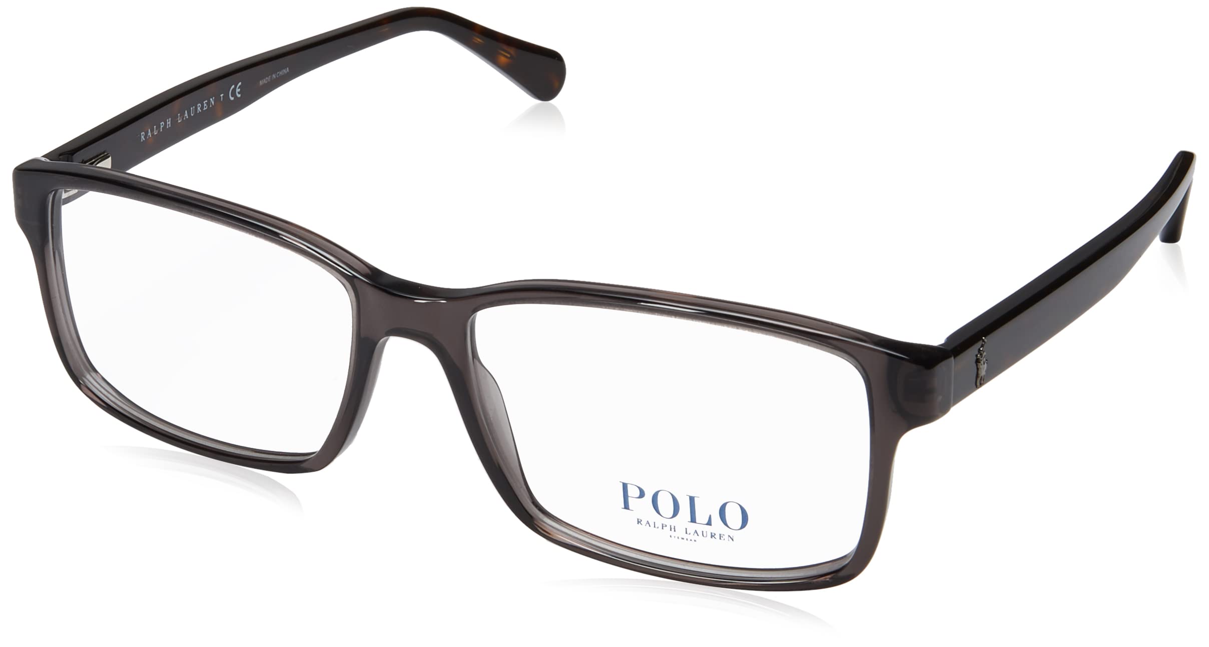 Polo Ralph Lauren Men's PH2123 Rectangular Prescription Eyewear Frames, Shiny Transparent Grey/Demo Lens, 58 mm