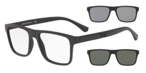 emporio armani men's ea4115f low bridge fit prescription eyewear frames with two interchangeable sun clip-ons rectangular, matte black/clear/light grey/dark grey, 54 mm