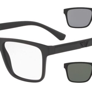 Emporio Armani Men's EA4115F Low Bridge Fit Prescription Eyewear Frames with Two Interchangeable Sun Clip-Ons Rectangular, Matte Black/Clear/Light Grey/Dark Grey, 54 mm