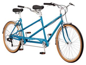 schwinn twinn classic tandem adult beach cruiser bike, double seater, low step steel frame, 7-speed, 650c urban tires, alloy caliper brakes, medium frame, blue