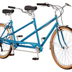 Schwinn Twinn Classic Tandem Adult Beach Cruiser Bike, Double Seater, Low Step Steel Frame, 7-Speed, 650c Urban Tires, Alloy Caliper Brakes, Medium Frame, Blue